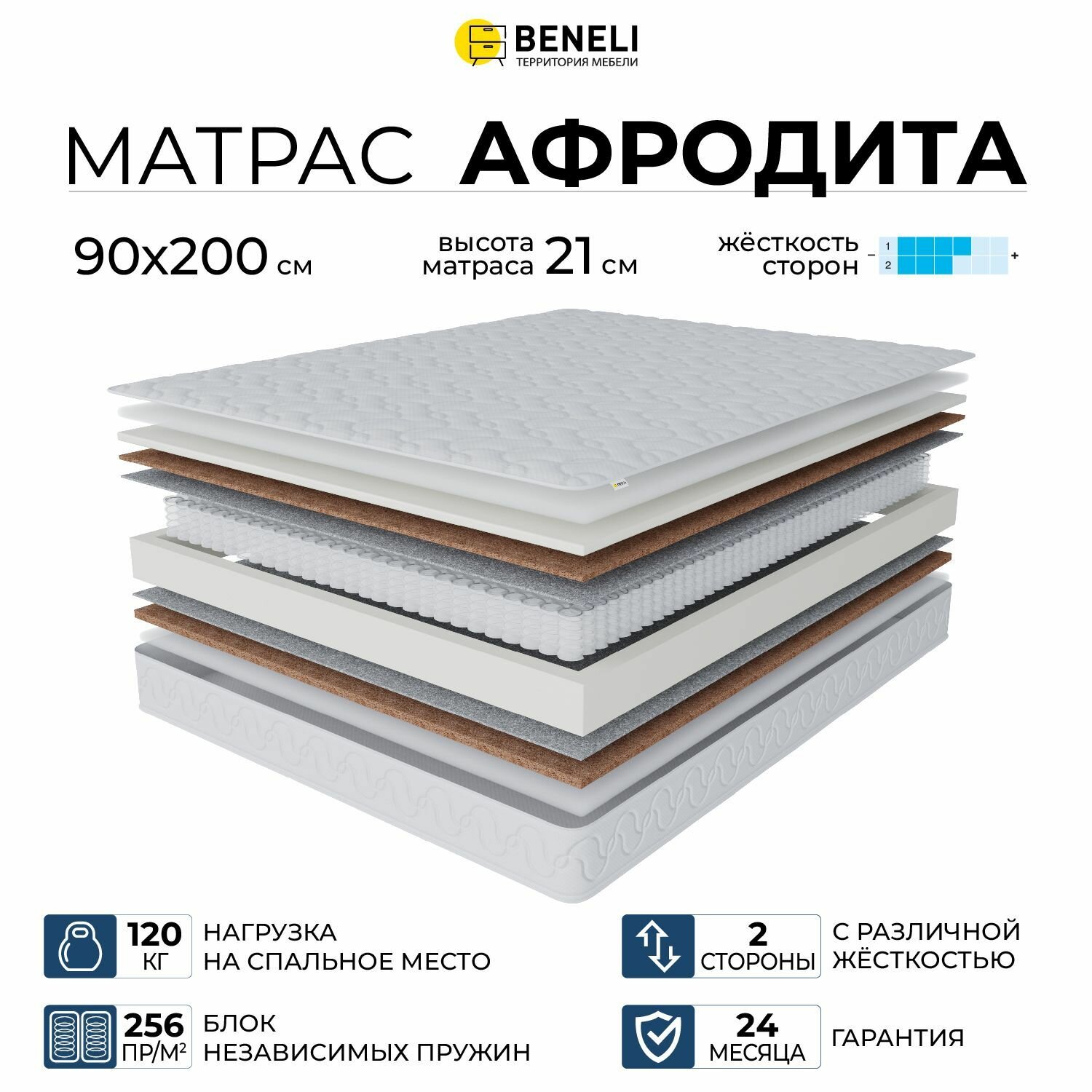 Ортопедический матрас Beneli Афродита, Независимые пружины, двусторонний, кокосовая койра, высота 21 см, 90х200 см, 1 шт.