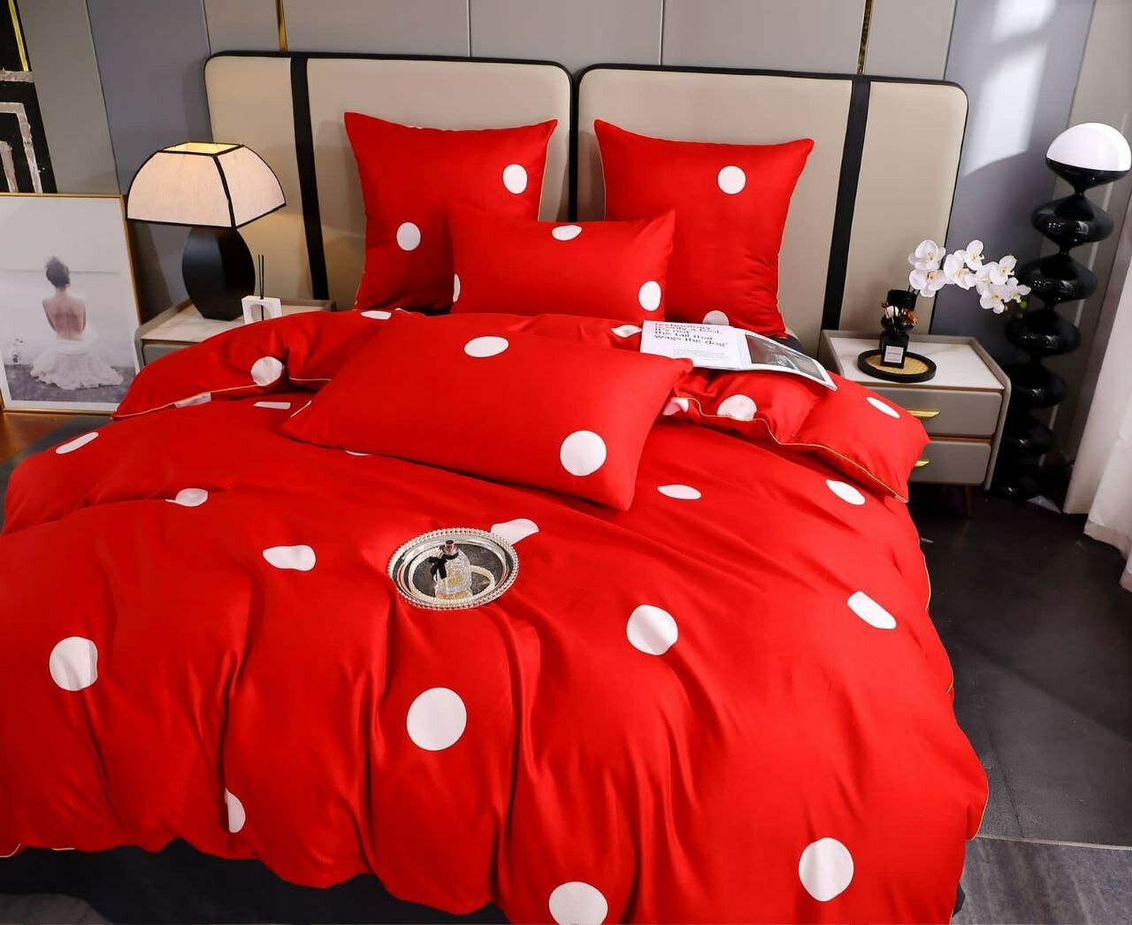 Комплект постельного белья Amber Ariel, семейный, хлопок, горошек, 4 наволочки