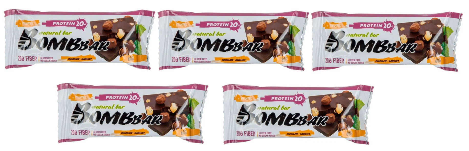 Батончик Bombbar с высоким содержанием протеина, Шоколад-фундук, 60 гр, 5 шт