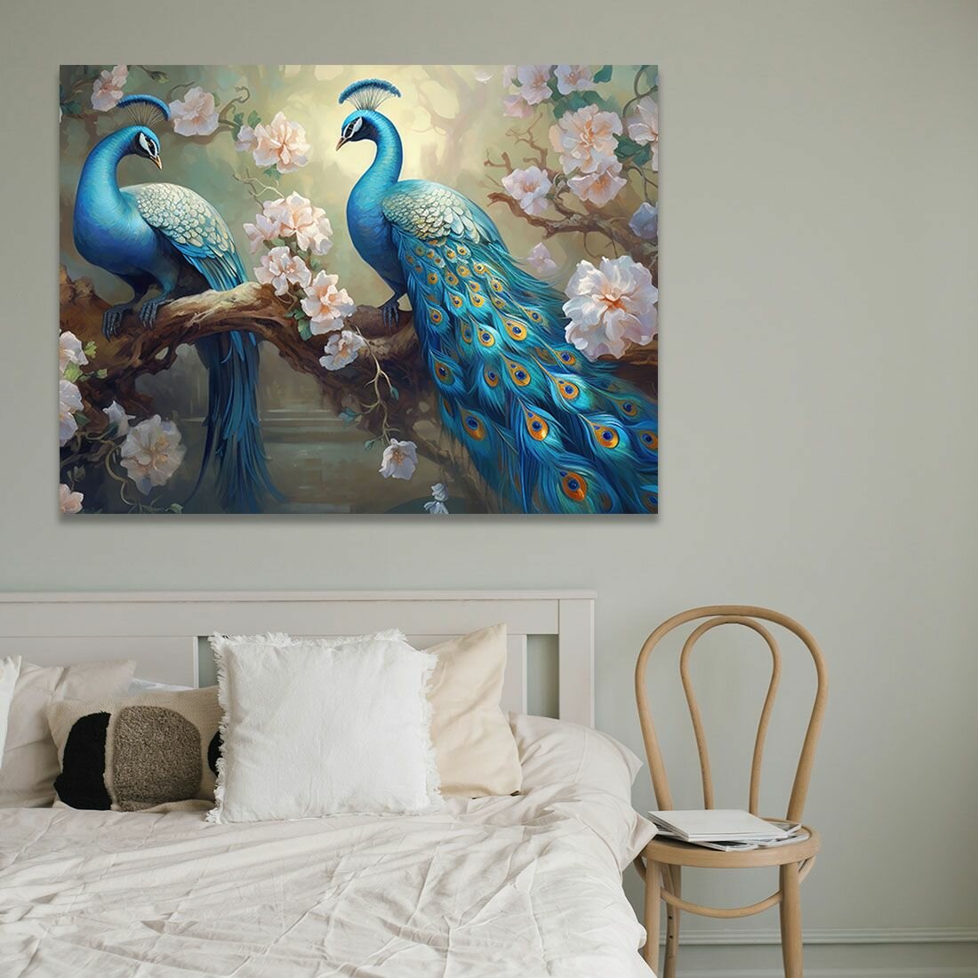 Картины для интерьера 60х80 Павлины на ветке с цветами масло
