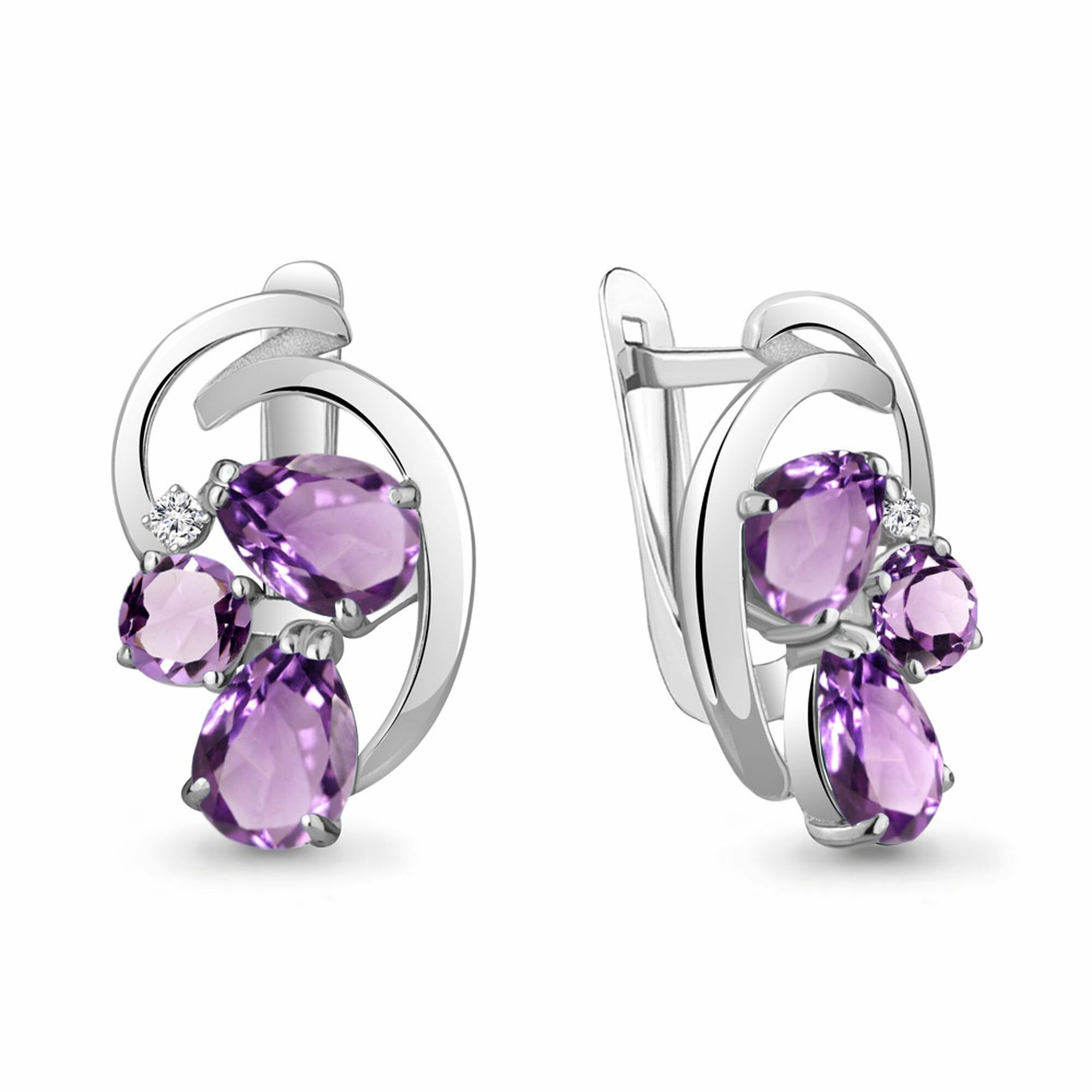 Серьги, серебро, 925 проба, родирование, фианит, аметист
