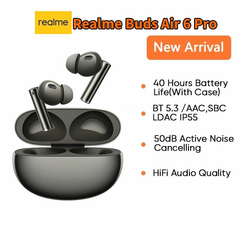 Realme Buds Air 6 Pro Настоящие беспроводные наушники с глубоководным шумоподавлением 50 дБ 2,0 Bluetooth 5,3 Беспроводные наушники