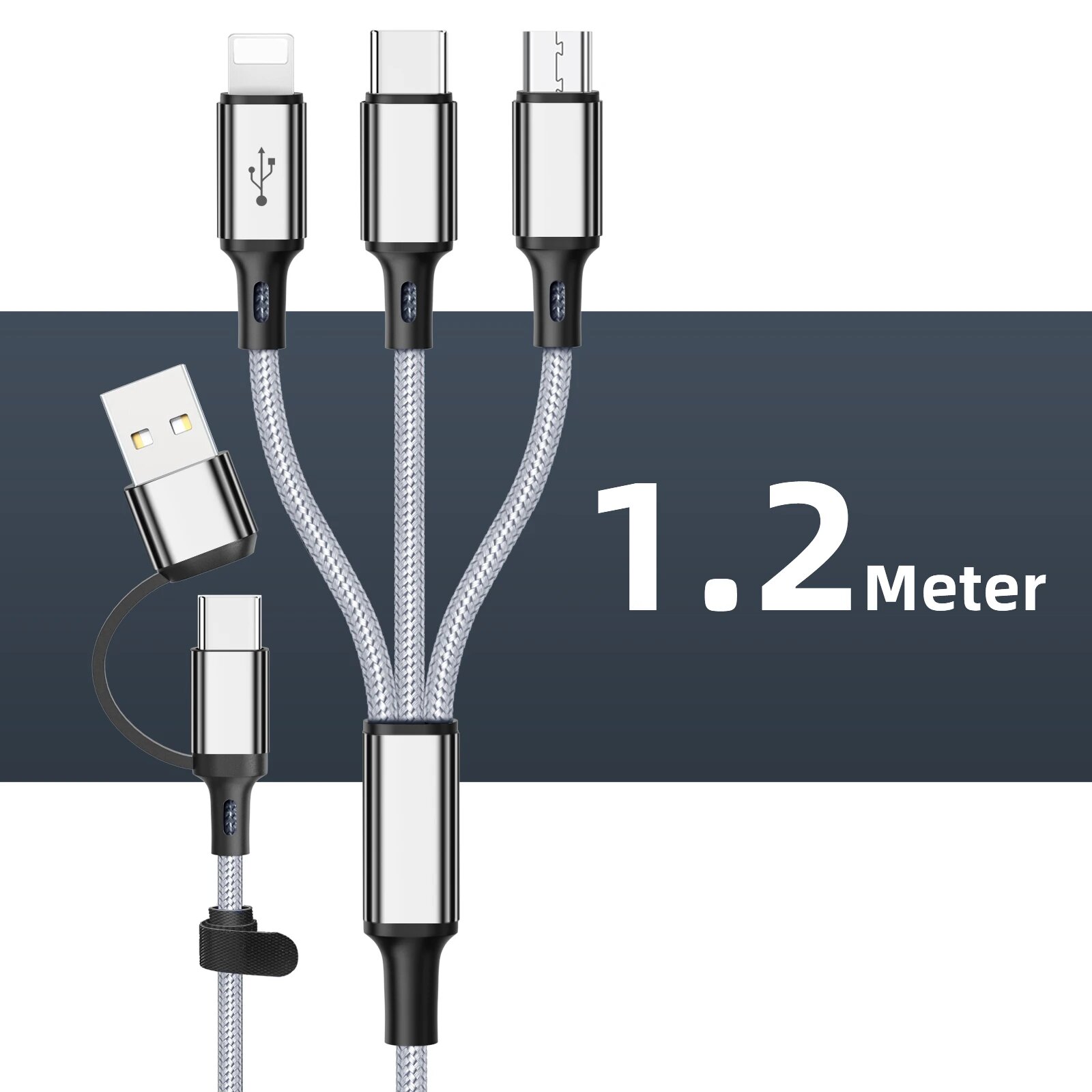3-в-1 кабель: Micro USB, Type-C, Lightning, 1.2 м, серый