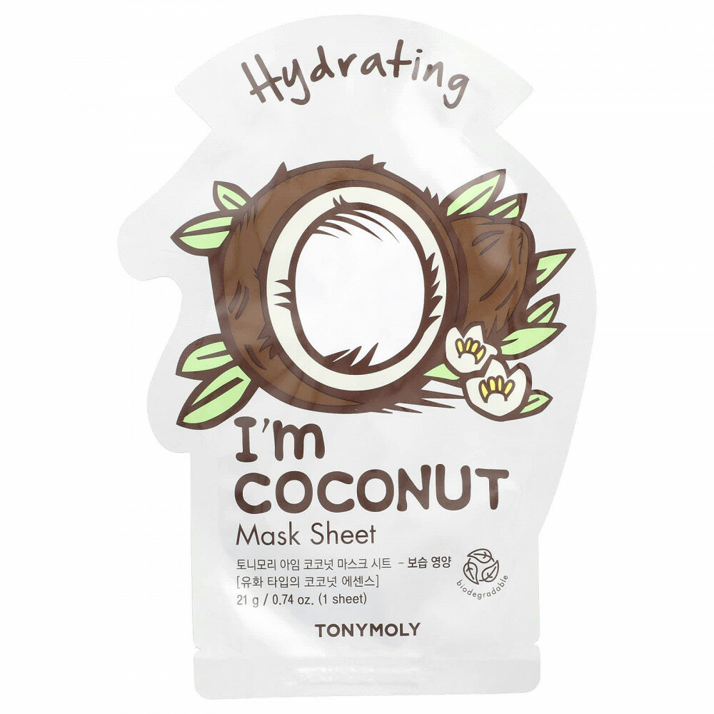 TonyMoly, I'm Coconut, увлажняющая тканевая маска, 1 шт, 21 г (0,74 унции)