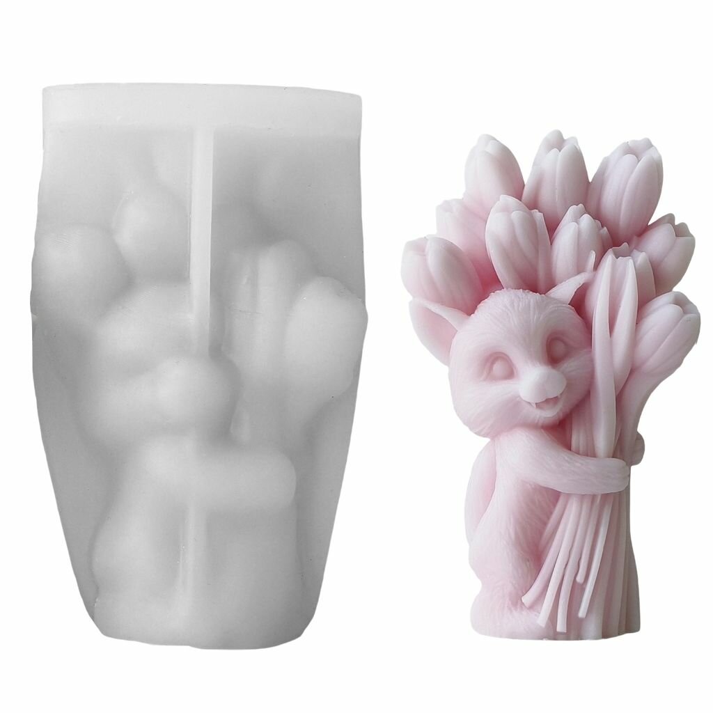 Силиконовая форма для ароматической свечи "Букет тюльпанов"-Котенок с тюльпаном в руках J-5084