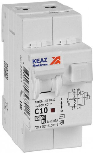 Дифференциальный автомат Кэаз 2п с защитой от сверхтоков OptiDin D63-22C10-AC-У3 C10 30мА 4.5кА, 328097