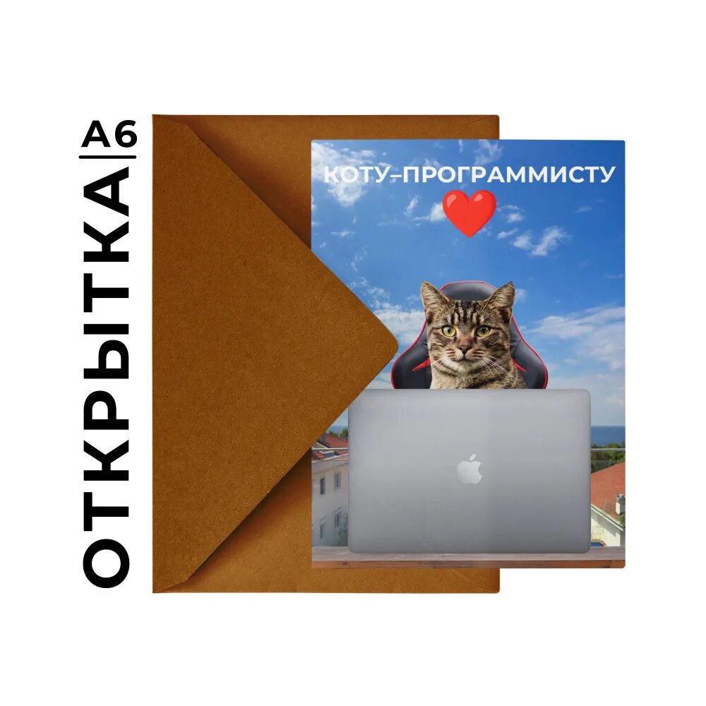 Открытка коту айтишнику на 23 февраля с крафтовым конвертом