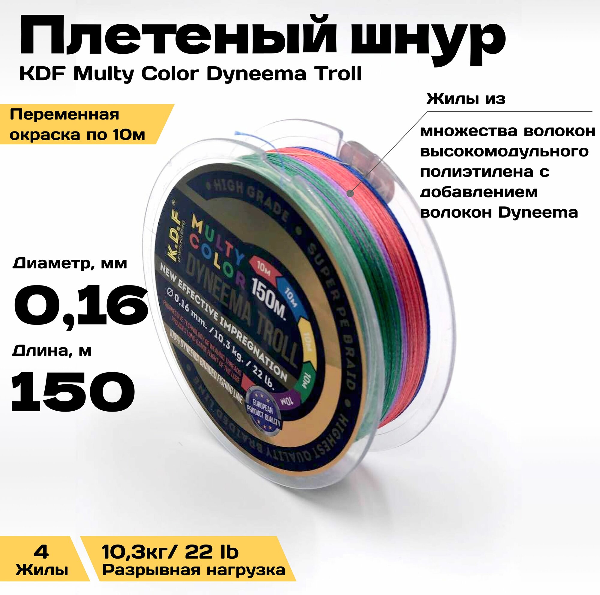 Плетеный шнур K.D.F. Multy Color Dyneema Troll, 0.16 mm -150m-10.3 kg