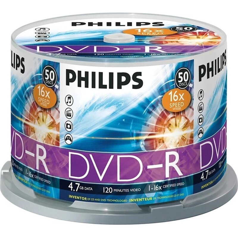 Носители информации DVD-R Philips объем памяти 4.7 Gb, скорость записи 16x, Cake Box 50 шт (DM4S6B50F/97)