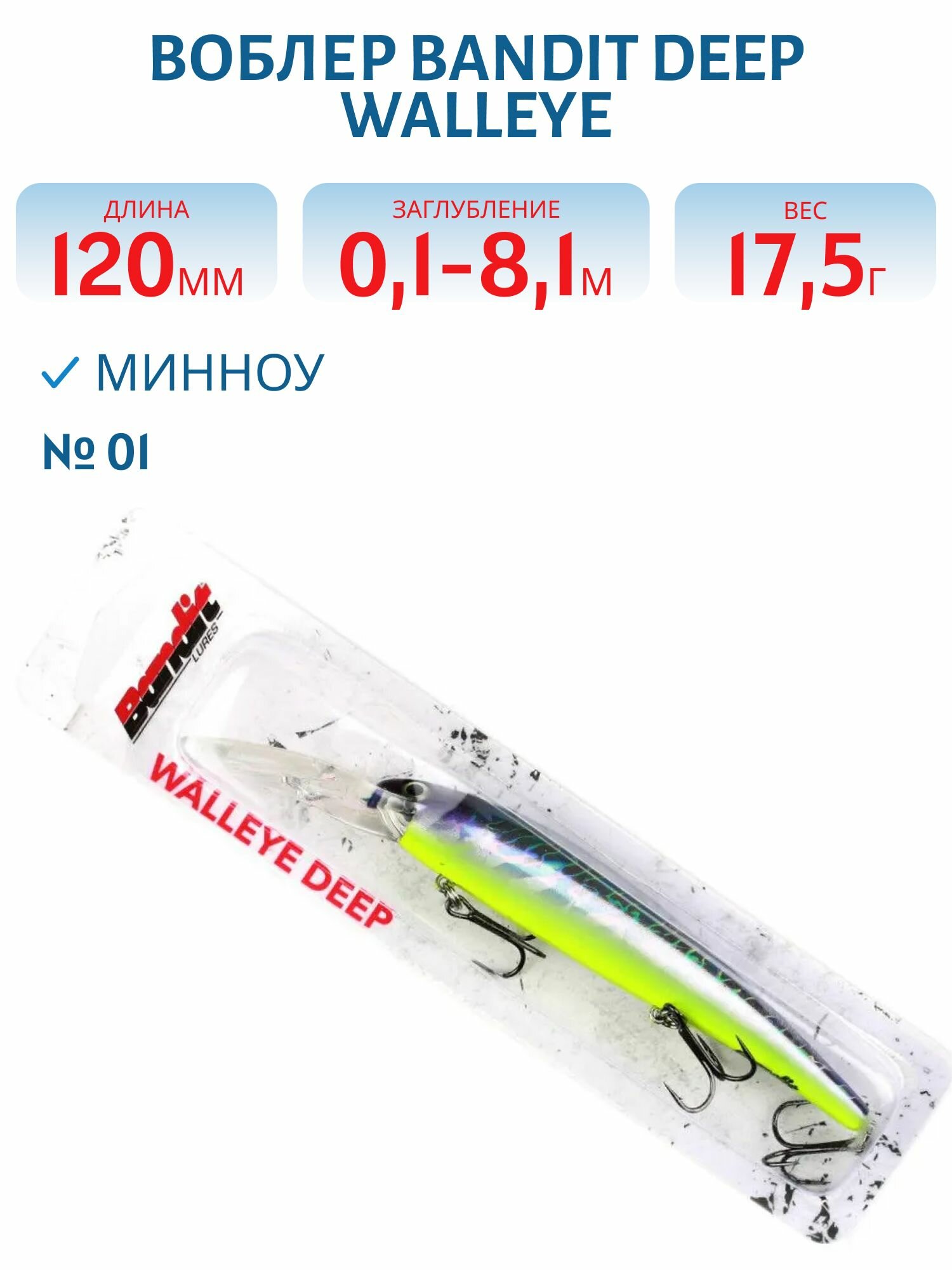 Воблер BANDIT DEEP WALLEYE, 120 мм, 17,5 гр, цвет 01