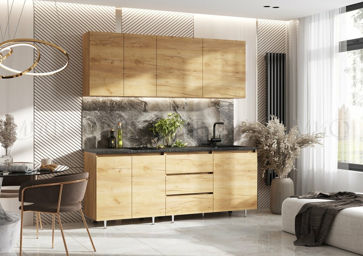 Кухня 2 метра прямая Миф Челси 2,0м Компоновка №2 цвет дуб крафт/ дуб крафт столешница Кастилло