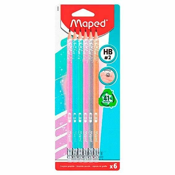 Карандаши Maped "Navy Pep's Glitter", чернографитные трехгранные, НВ, пластик, с ластиком, 6 шт (851803)