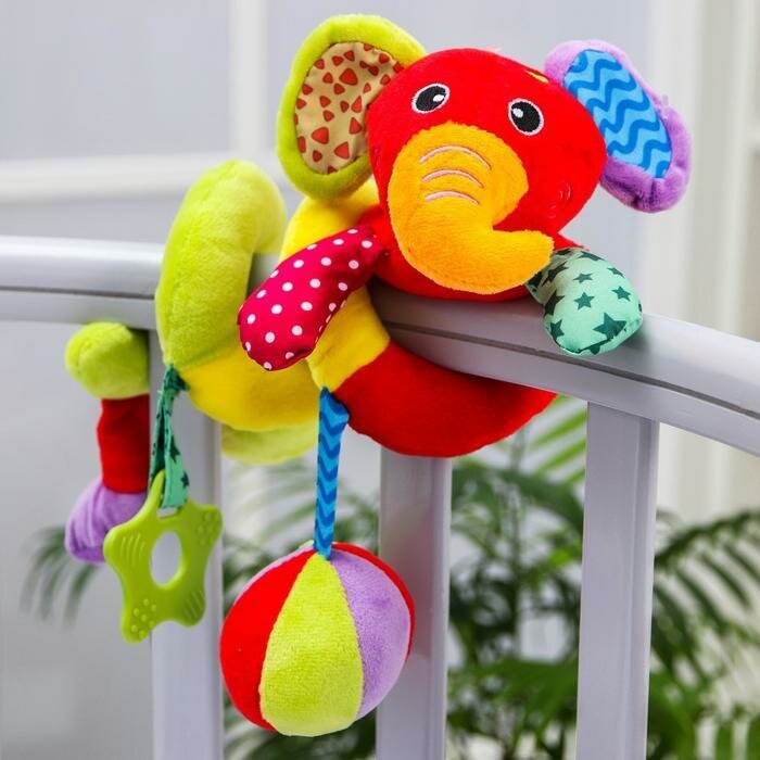 Растяжка-спираль Крошка Я мягкая, с погремушкой, на кроватку и коляску, "Слоник яркий"