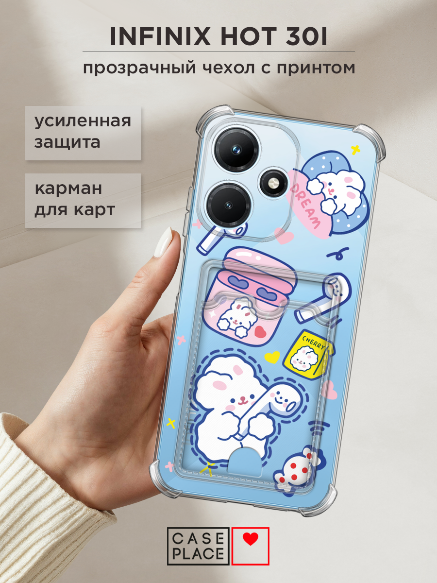 Чехол на Infinix Hot 30i (Инфиникс Хот 30i) с картой и принтом Мишка с наушником в корейском стиле