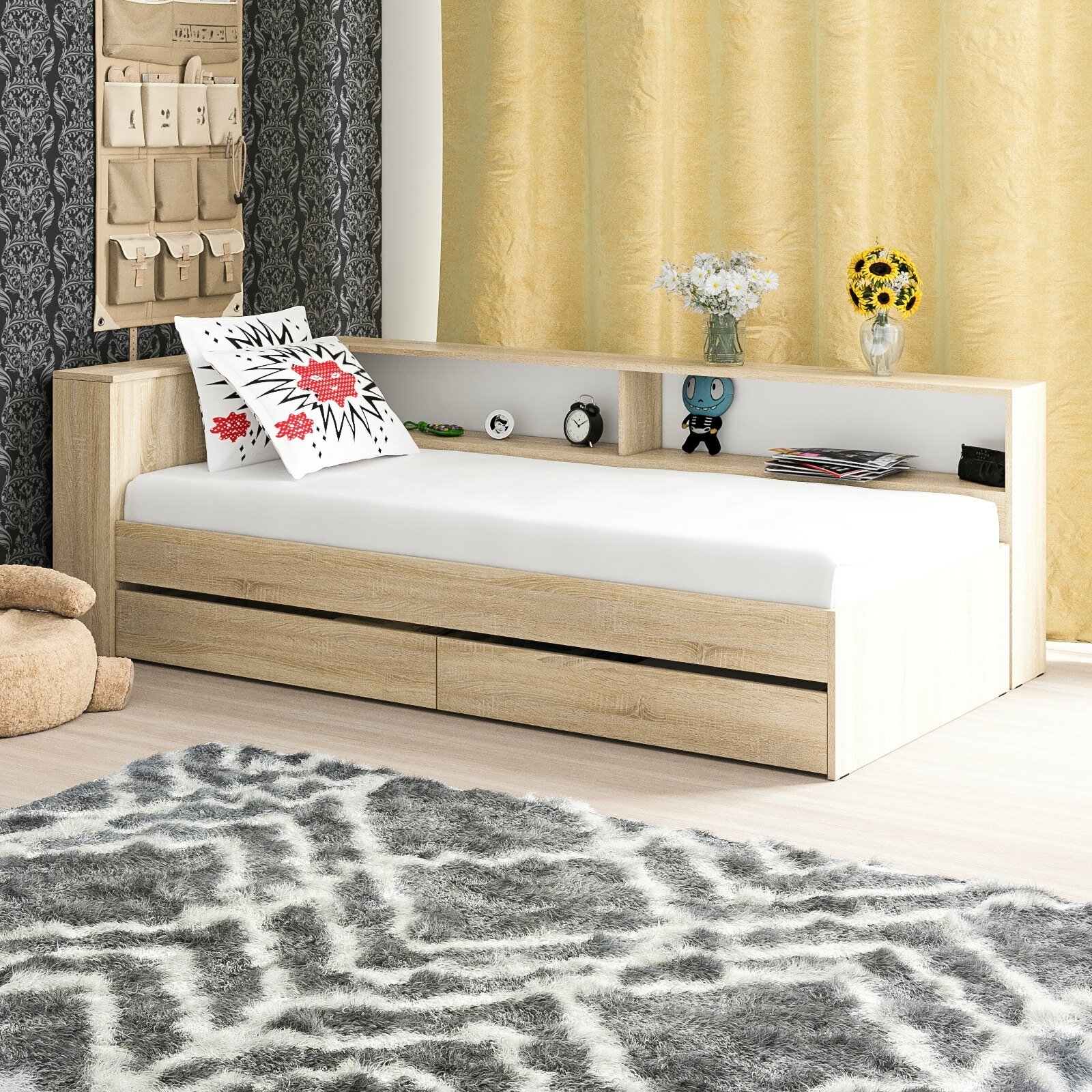 Кровать СВК Ксения 900 с ящиками и прикроватным блоком, цвет дуб сонома, ШхГхВ 118х221,6х72 см.