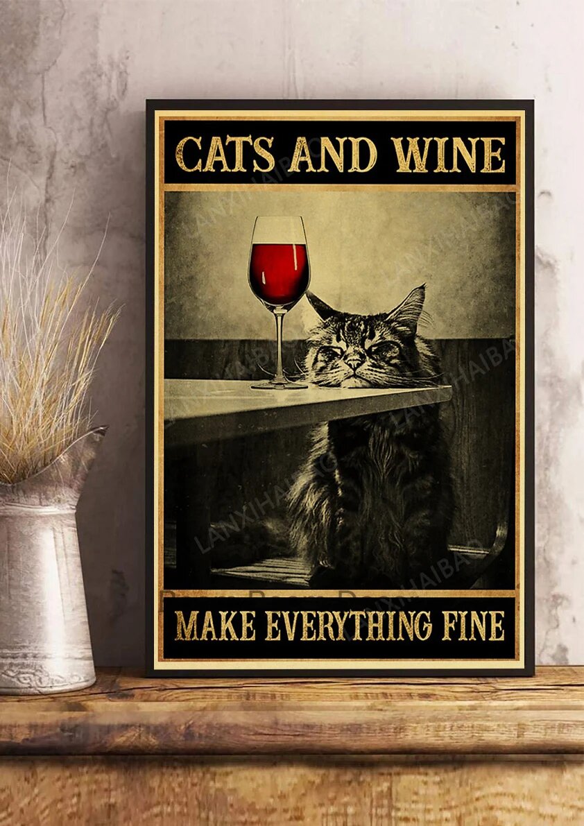 Картина "Коты и вино. Make Everything Fine", 42x30 см, Бордовый