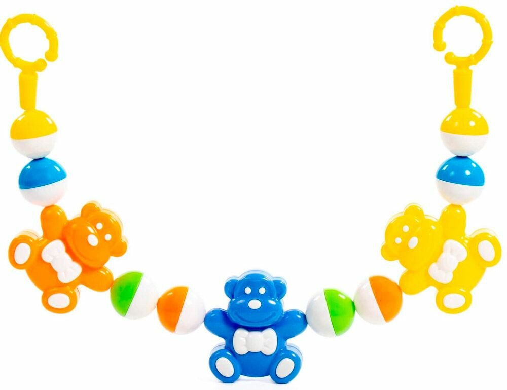 Детская растяжка погремушка "Смешные обезьянки", развивающая яркая подвесная игрушка на коляску/кроватку, первая развивающая подвеска для малышей, шумелка для детей, 54 см