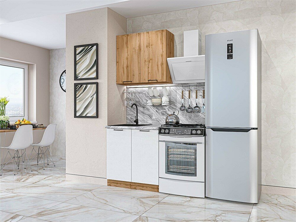 VVT Кухонный гарнитур модульный Флэт-03, каркас ЛДСП Дуб Вотан, фасад ЛДСП Wotan Oak 2S/White In 2S, 2140*800*600