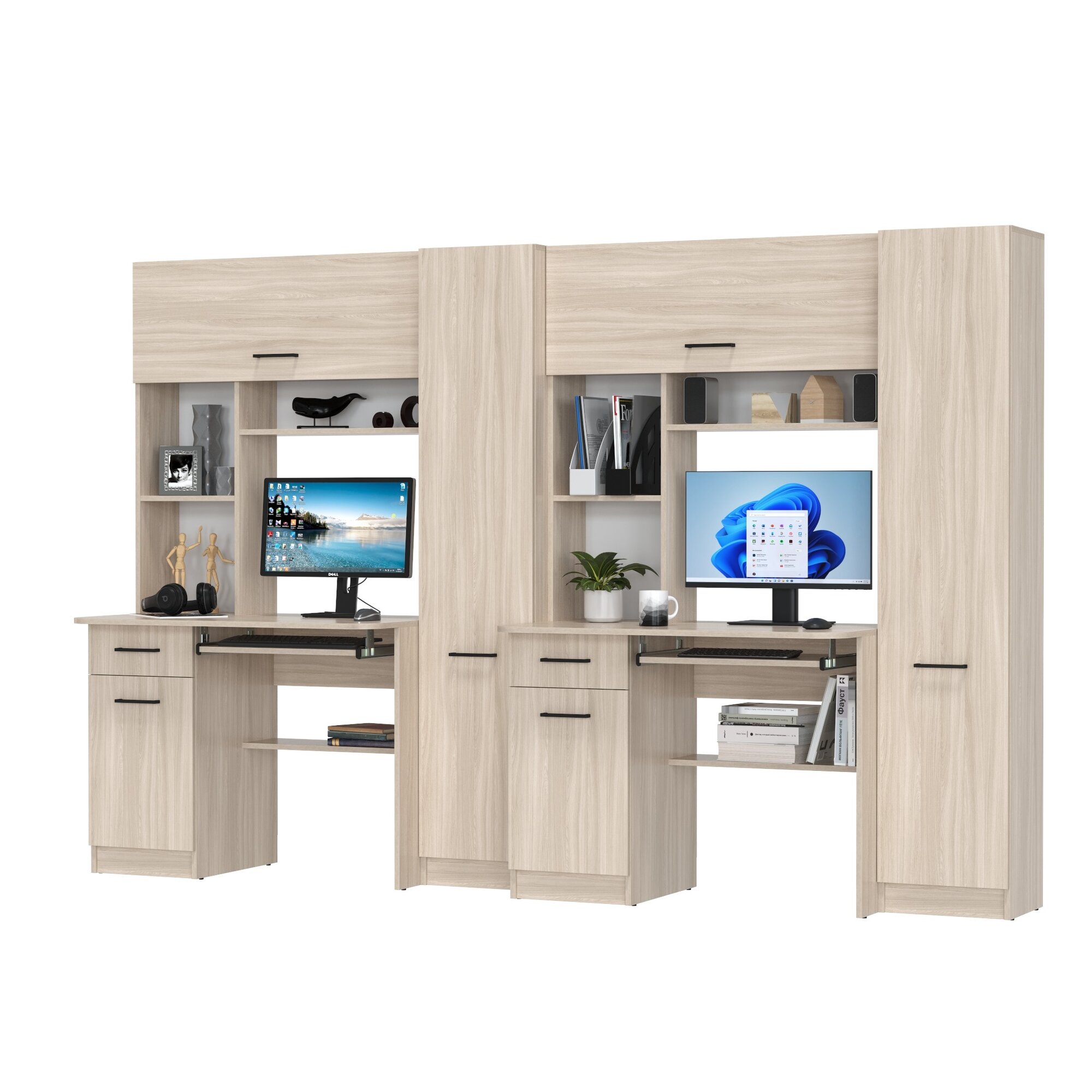 Компьютерные столы для двоих детей Гранд Кволити Aльфа, ясень шимо светлый, 274х61х181 см.