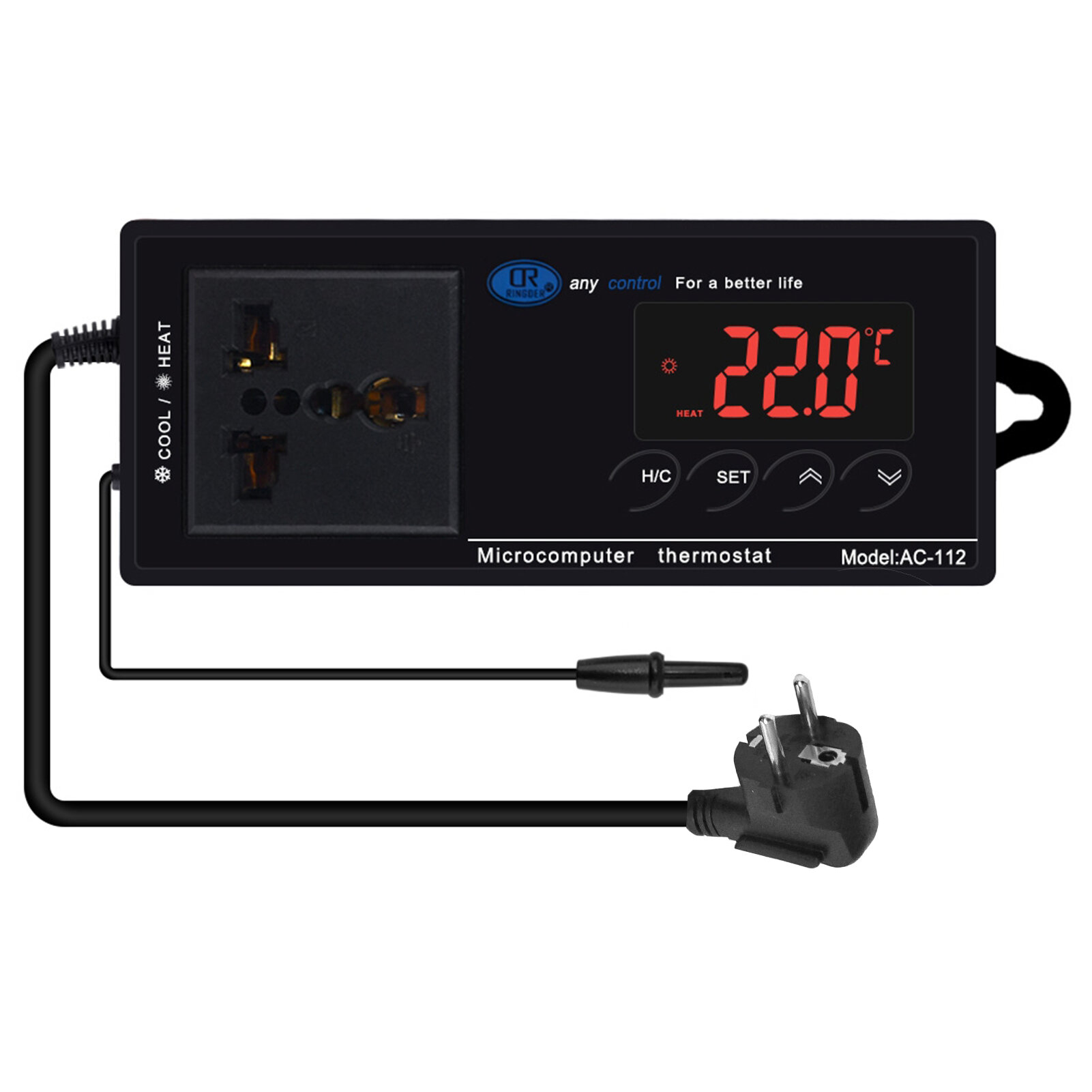 Цифровой термостат-контроллер с выходом для термостата рептилий с режимами нагрева и охлаждения для морозильного шкафа, домашнего пивоварения, теплицы, инкубации рептилий -40℃~110℃, евроконтакт 220V