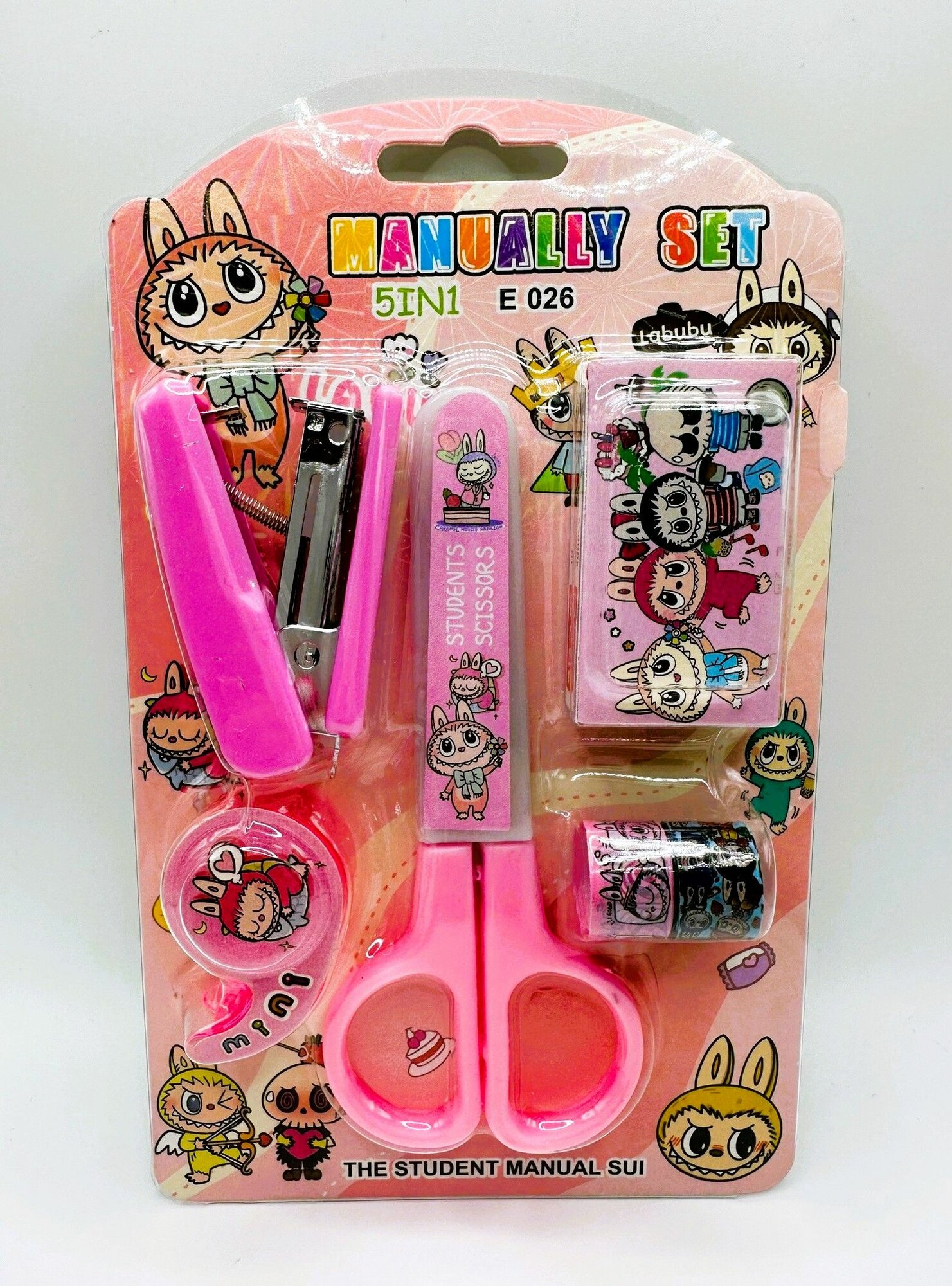 Канцелярский набор " Лабубу " (ножницы , степлер, скобы, скотч ), розовый