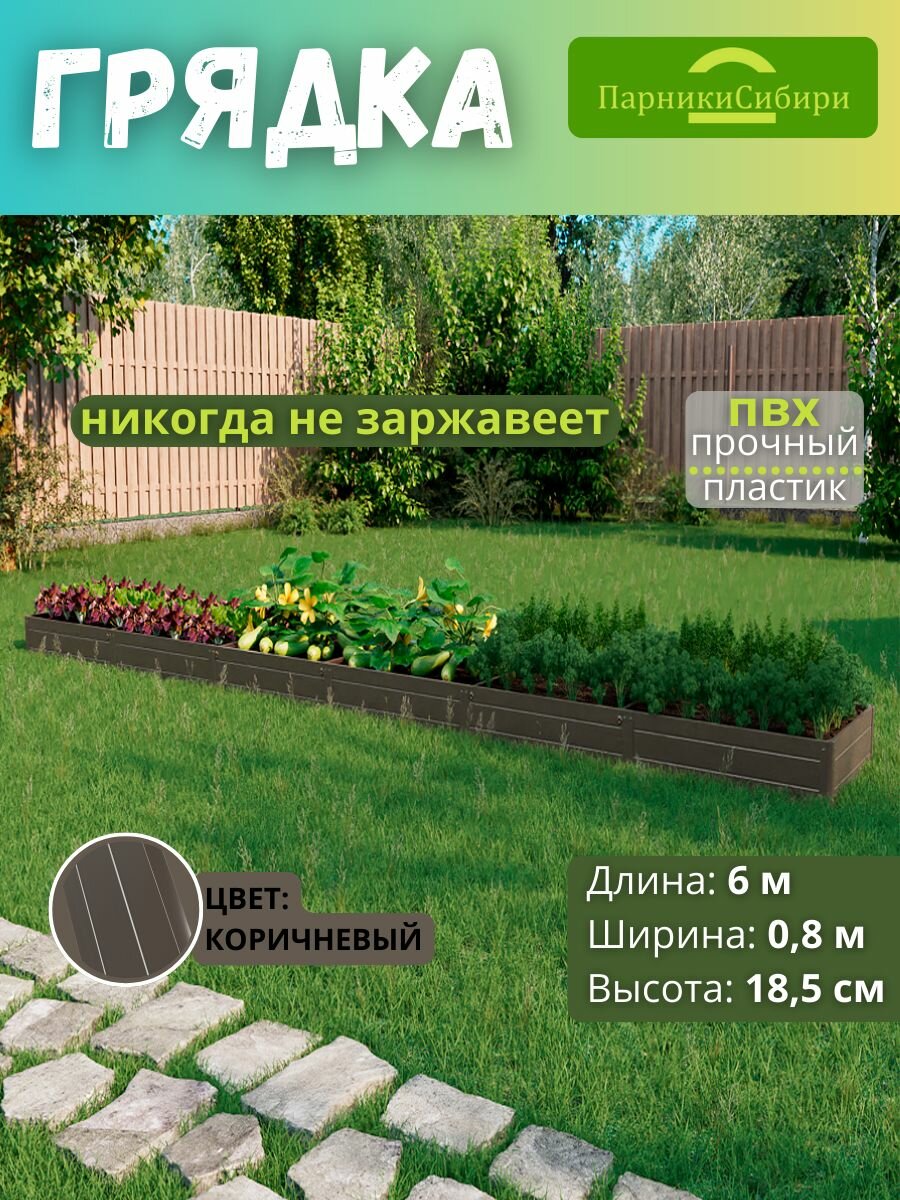 Парники Сибири/Грядка из ПВХ пластика 0,8х6,0 м, высота 18,5 см, Цвет: Коричневый