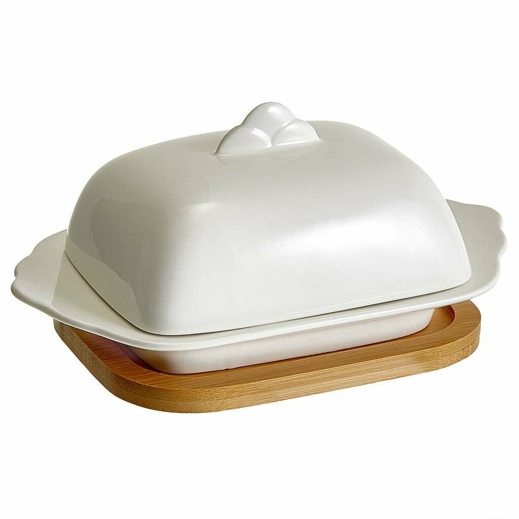 Масленка фарфоровая на бамбуковой подставке Alpenkok AK5-0024