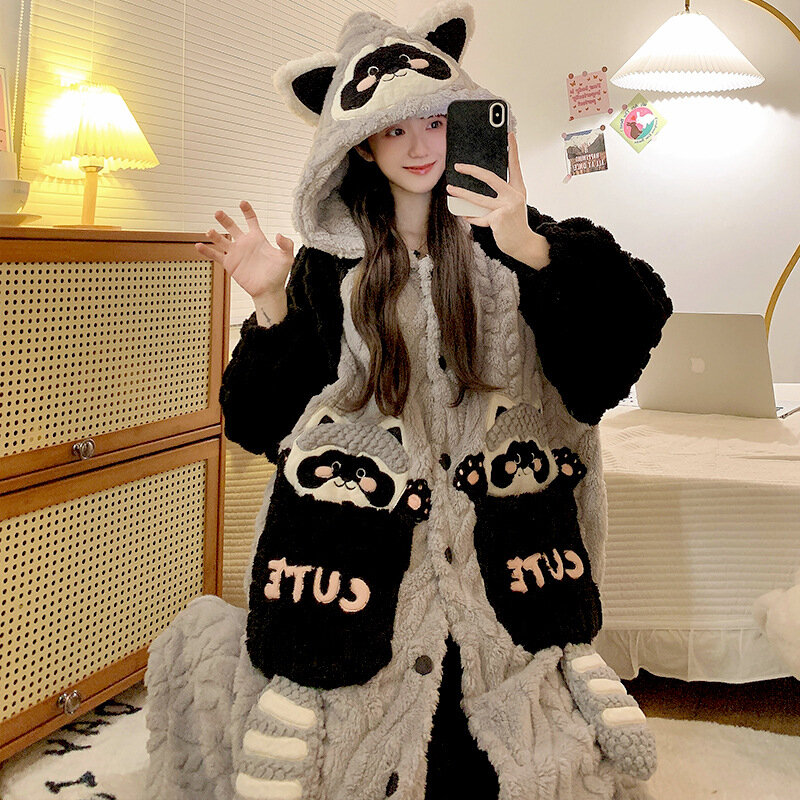 Женский халат из кораллового флиса, зимний утолщенный флис, новый стиль, милый фланелевый комплект домашней одежды, размер：S-L