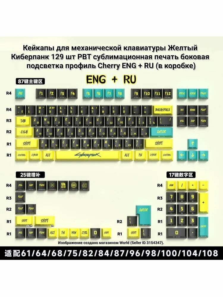 Кейкапы для механической клавиатуры Желтый Киберпанк 129 шт PBT сублимационная печать боковая подсветка профиль Cherry ENG + RU (в коробке)