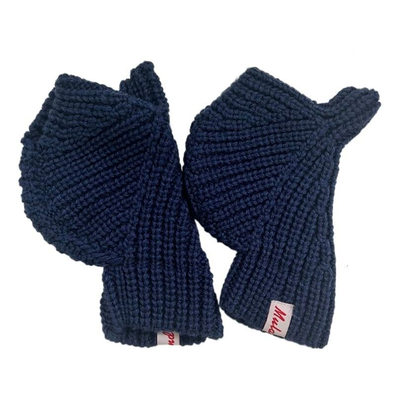 Однотонные шерстяные вязаные перчатки с сенсорным экраном на половину пальца-темно-синий