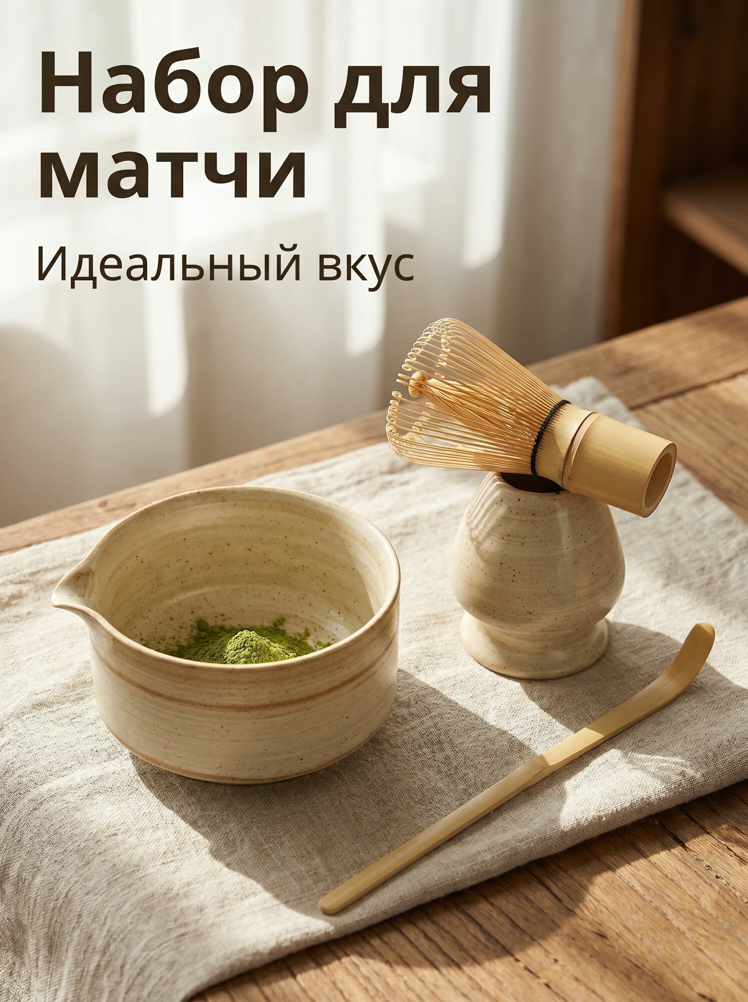 Набор для чая матча 4 предмета, бамбуковый венчик, чаша и подставка для церемонии