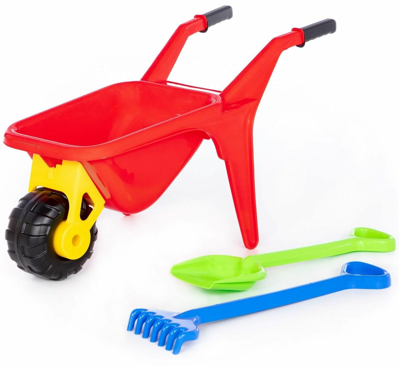 Детская игровая тачка садовая с лопаткой и граблями (красная)