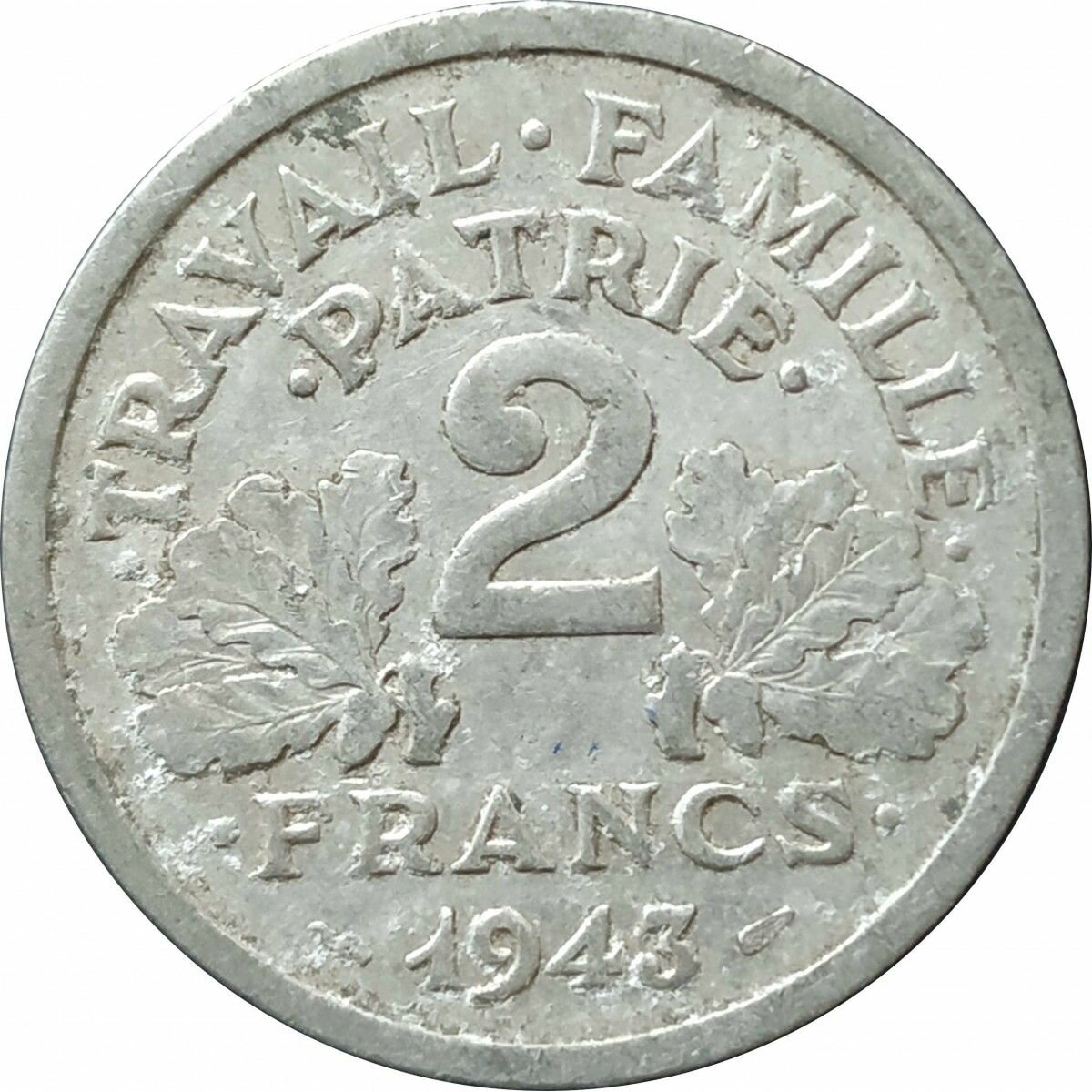 2 франка 1943 Франция без знака монетного двора из оборота