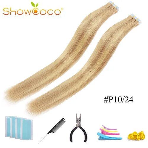 Ленты для наращивания ShowCoco, натуральные волосы, прямые, 12-24 ColorP10 24-20Pcs, 16 дюймов