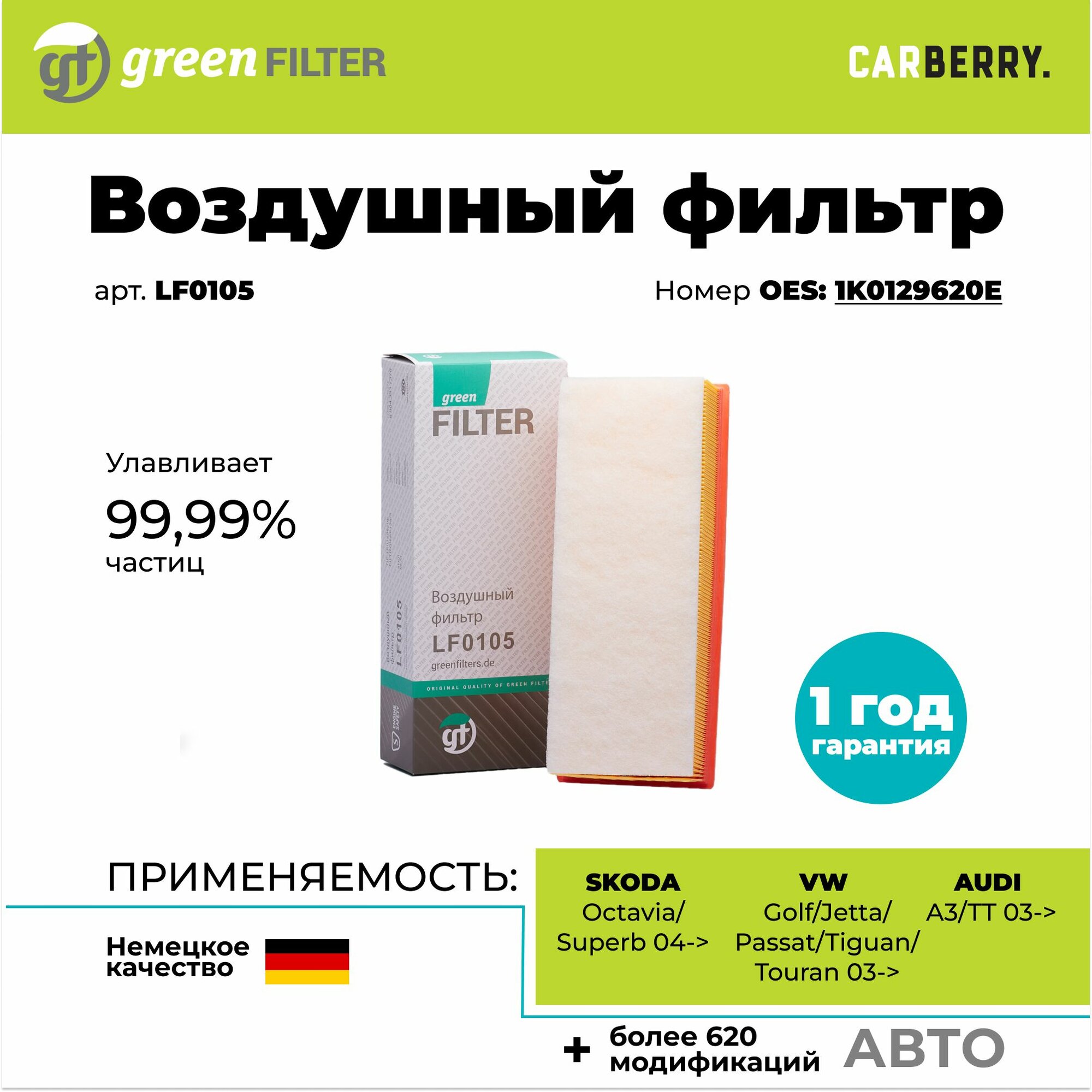Фильтр воздушный Green Filter LF0105 для AUDI A3 и TT, для VOLKSWAGEN Golf, Jetta, Passat, Tiguan, Touran для SKODA Octavia и Superb для SEAT Altea и Leon