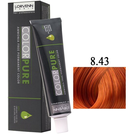 Краска для волос безаммиачная Lorvenn Color Pure, тон 8.43