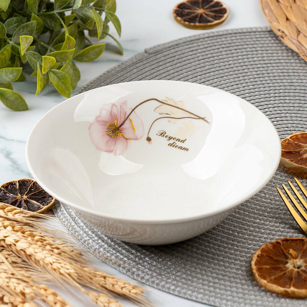 Салатник керамический Daniks Элегия 18 см 0.6 л, круглый, белый, цветы, для микроволновки и посудомоечной машины