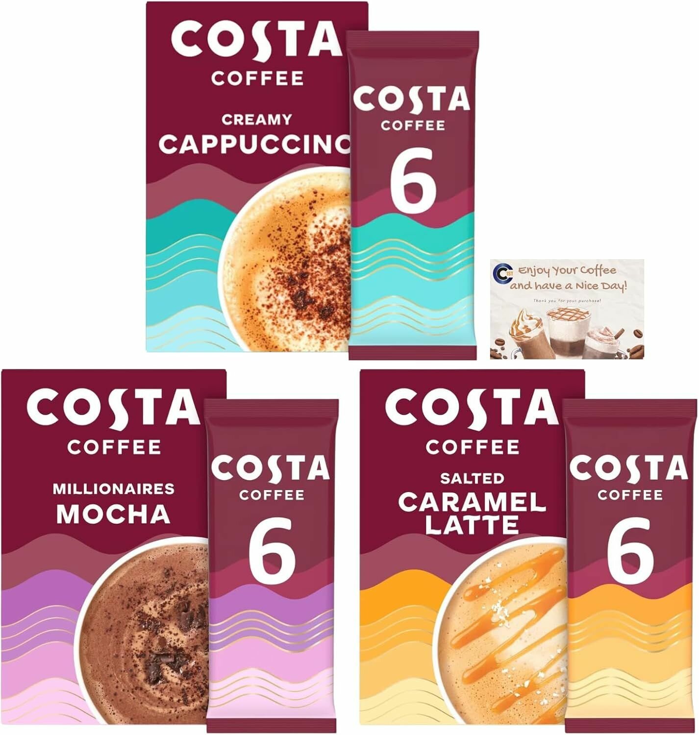 Набор кофе Costa Coffee Delights, латте с соленой карамелью, сливочный капучино, мокко Millionaires,3 упаковки, 18 саше