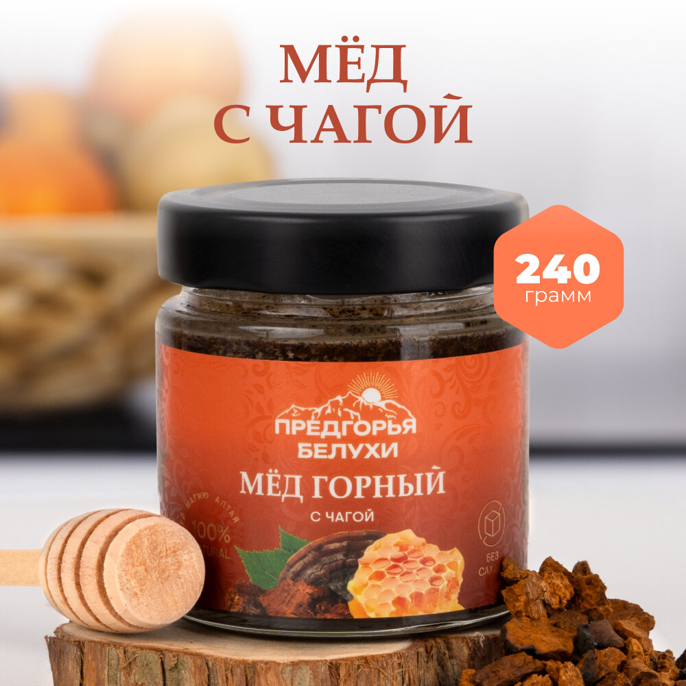 Мед горный натуральный Предгорья Белухи, разнотравье с чагой, 240 г