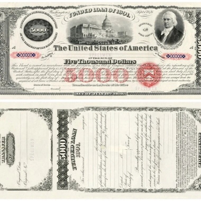 5000 долларов 1876 облигация США "образец", сувенирная копия, банкноты и купюры редкие коллекционные