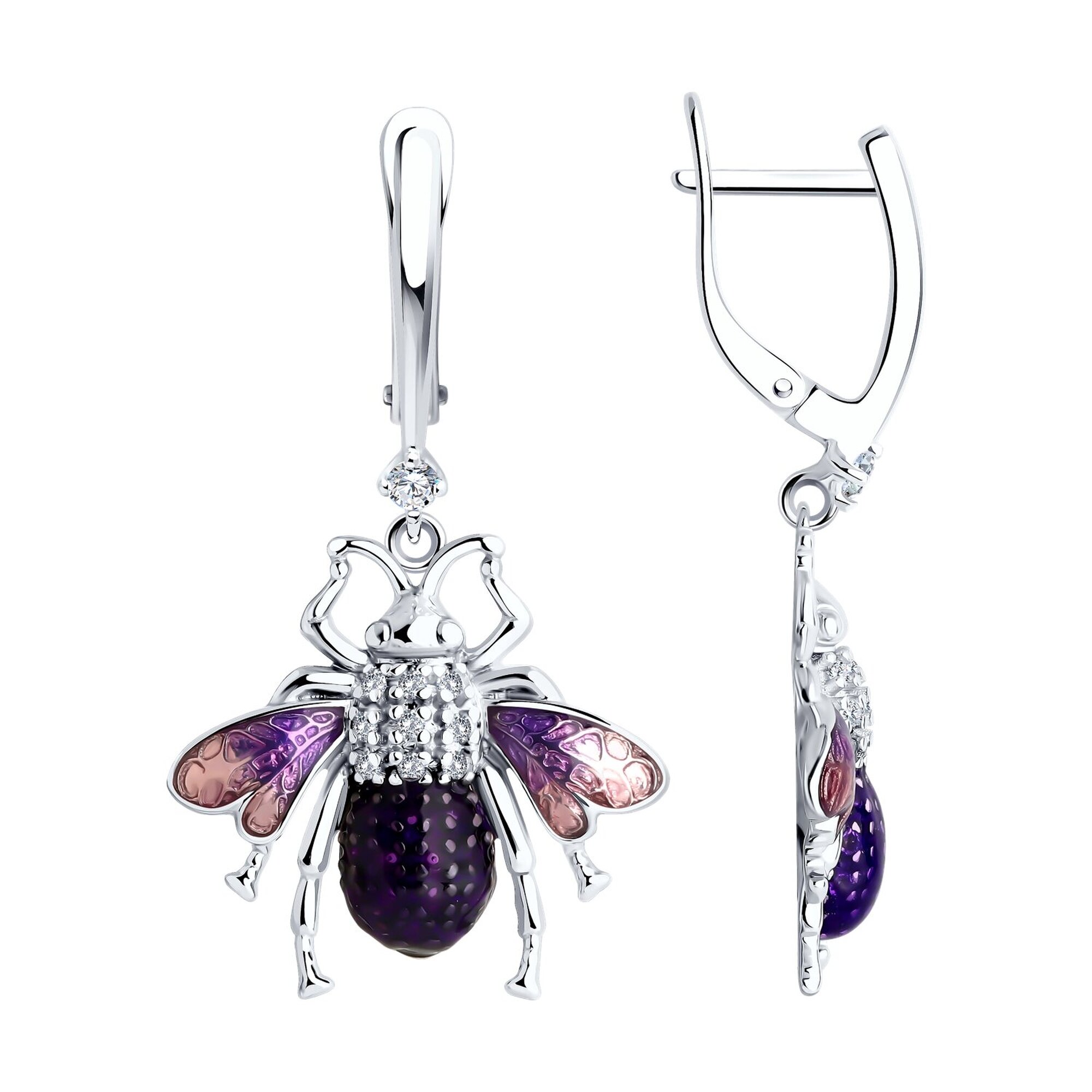 Серьги, серебро, 925 проба, родирование, аметист, фианит, эмаль