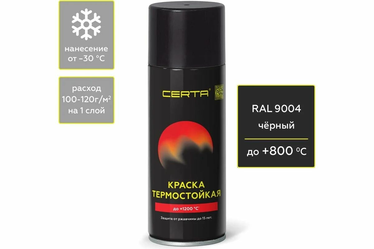 Термостойкая краска для металла, печей, мангалов, радиаторов, дымоходов, суппортов CERTA до 800С черный RAL 9004, аэрозоль CPR00042