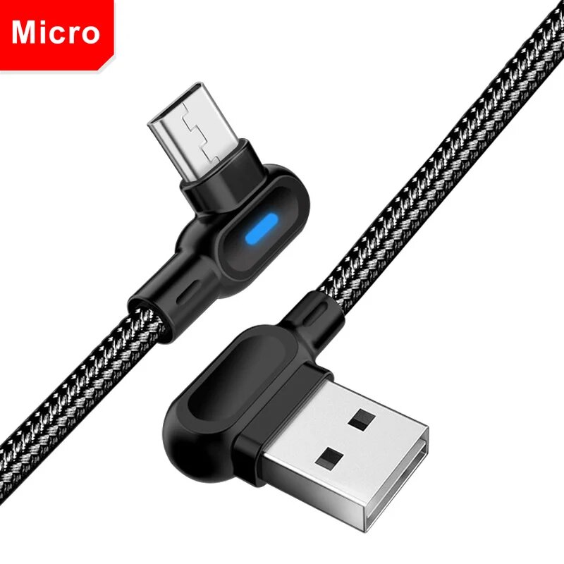 Кабель OLAF Micro USB Type-C, со светодиодной подсветкой, 90 градусов, с 2 м, Black Micro USB