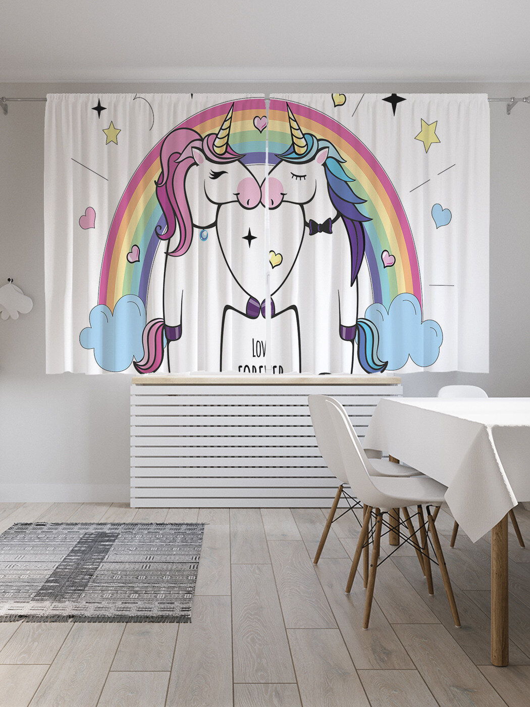 Фотошторы короткие "Влюбленная пара единорогов", 2 полотна шириной по 145 см, высота 180 см, JoyArty