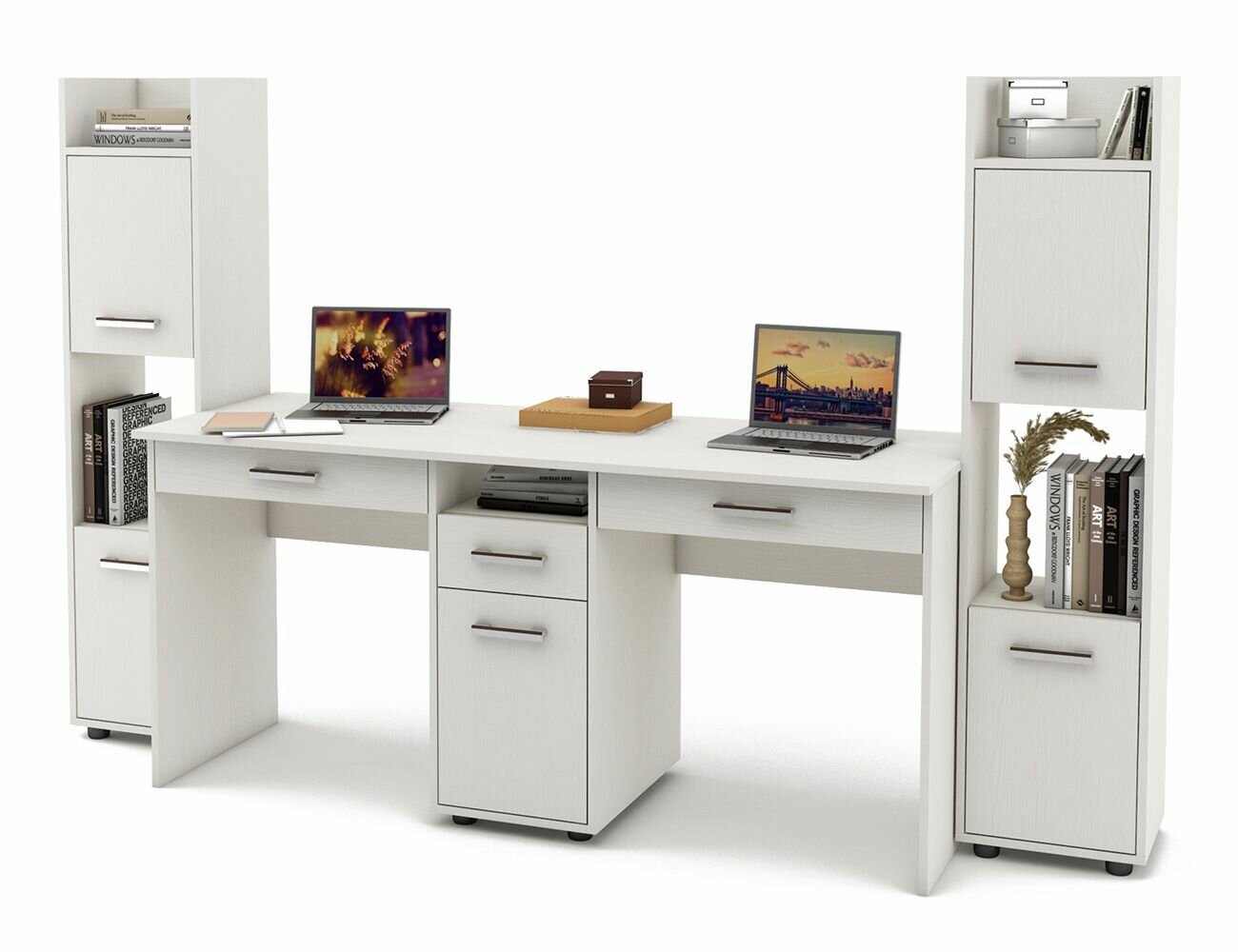 Стол письменный для двоих со стеллажами Остин (Ливерпуль) 7Я белое дерево