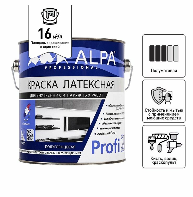 Краска моющаяся латексная полуматовая ALPA Profi 20 2,5 л белая