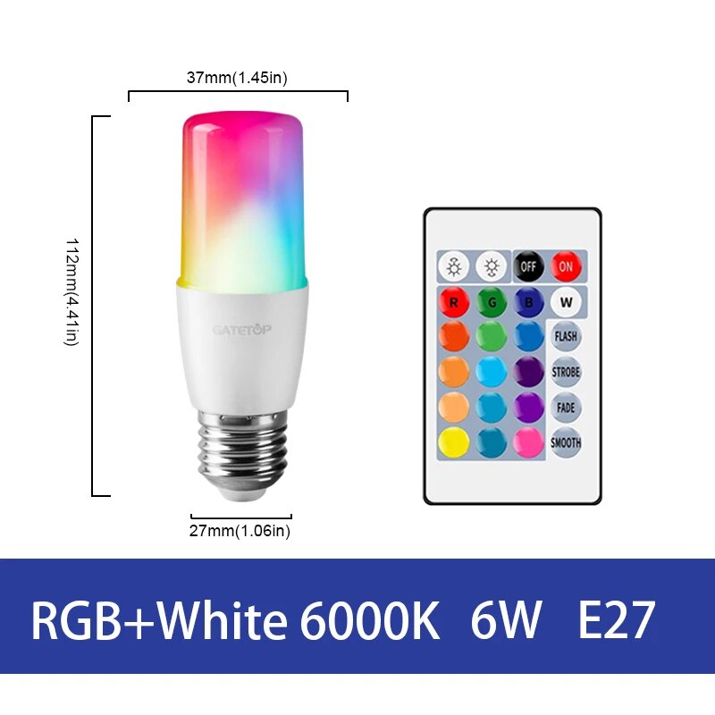 Светодиодная RGB лампа Gatetop 6W 10W для дома T37 E27, AC220-240V