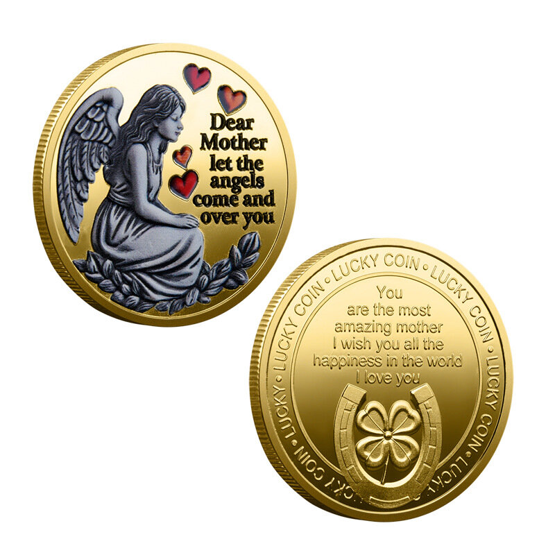 Памятная монета «Дорогая Мать-Ангел» – позолоченная железная монета с молитвенным посланием, четырёхлистным клевером и подковой. Сентиментальная монета на удачу для коллекции или демонстрации ко Дню матери 2024 года.