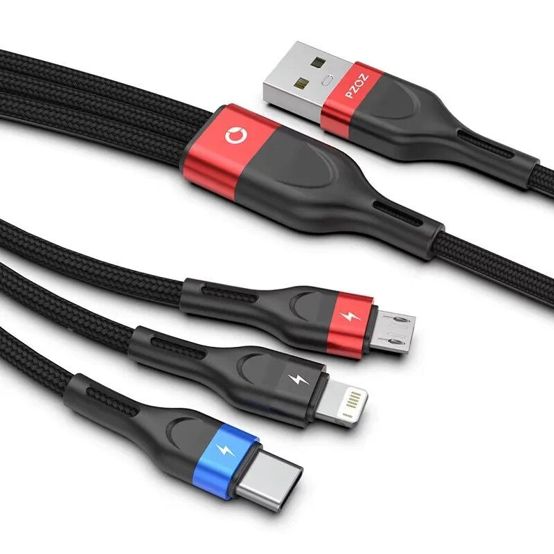 PZOZ 3A черный кабель 3 в 1 USB-C/Micro USB/Lightning, 0.3м
