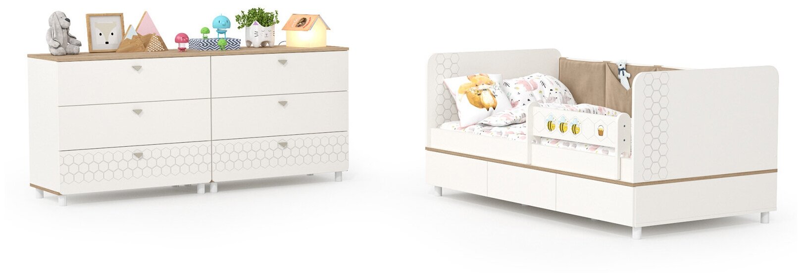 Кровать в детскую Моби Эйп с комодами на три ящика, цвет белый/дуб белый, сп. м. 800х11600 мм, б/м
